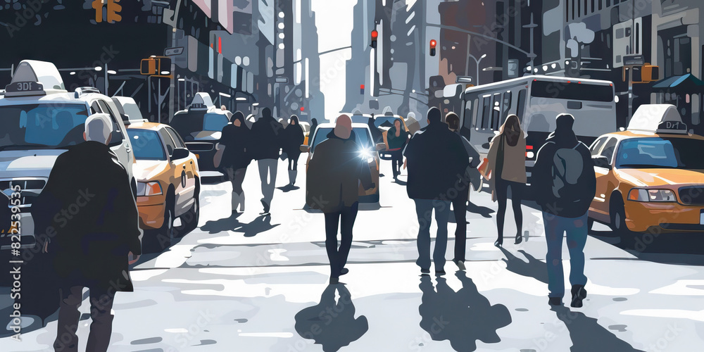 A bustling city street, with people rushing to and fro, cars honking ...
