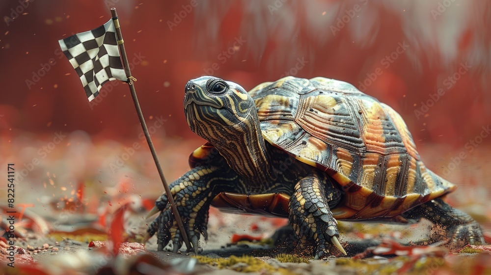 A turtle in a race car driver's suit, holding a checkered flag, on a ...