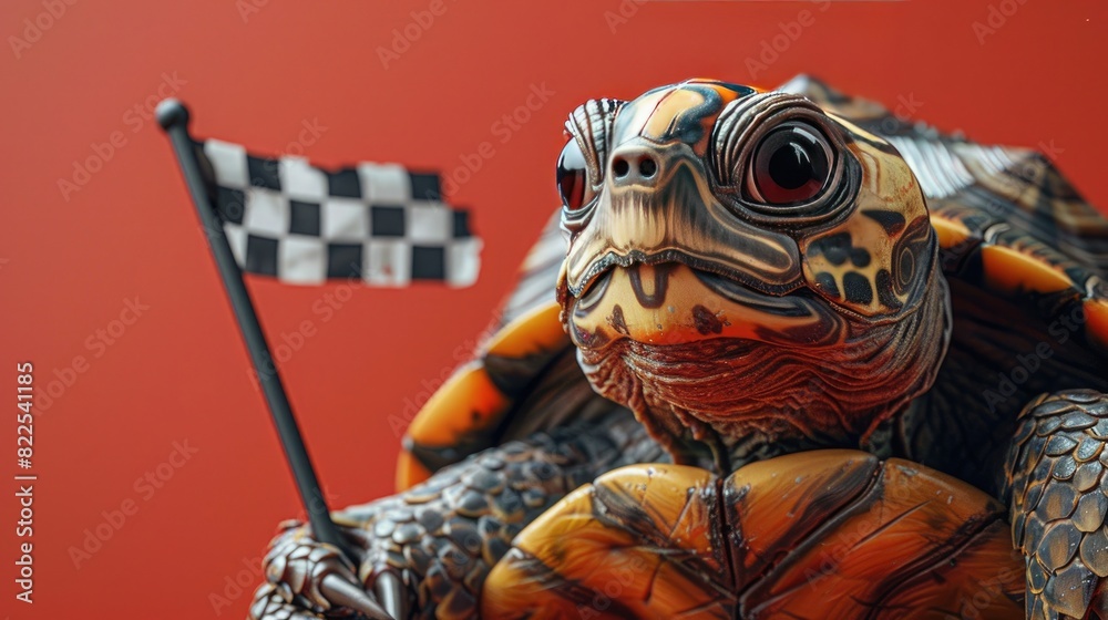 A turtle in a race car driver's suit, holding a checkered flag, on a ...