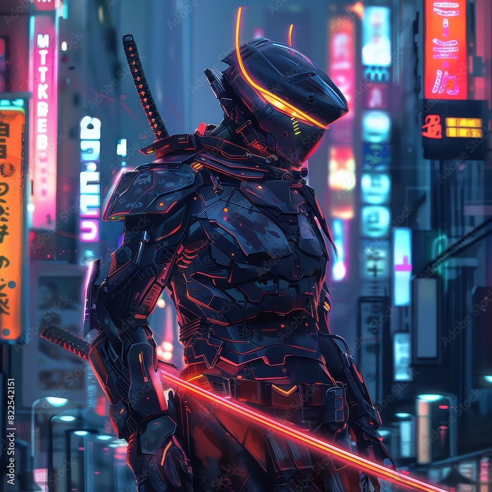 Futuristic samurai warrior in the rain, holding a glowing red sword ...
