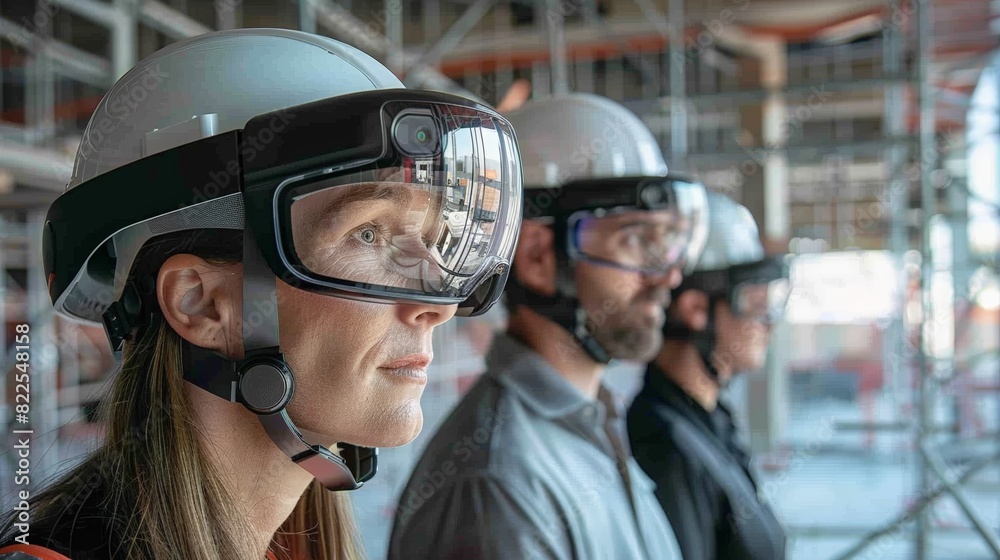 A construction team using augmented reality helmets to view and ...