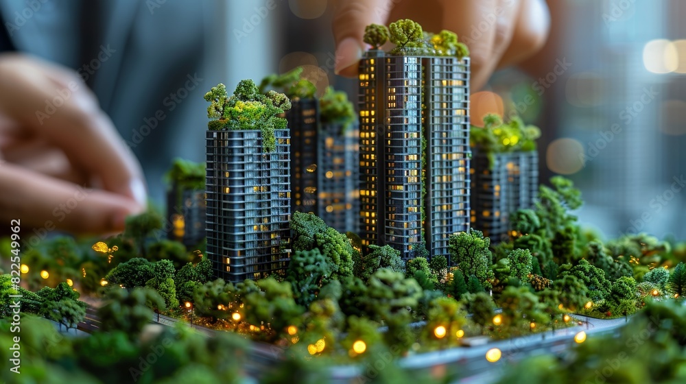 An architect presenting a BIM model of twin green buildings, showcasing innovative sustainable ...