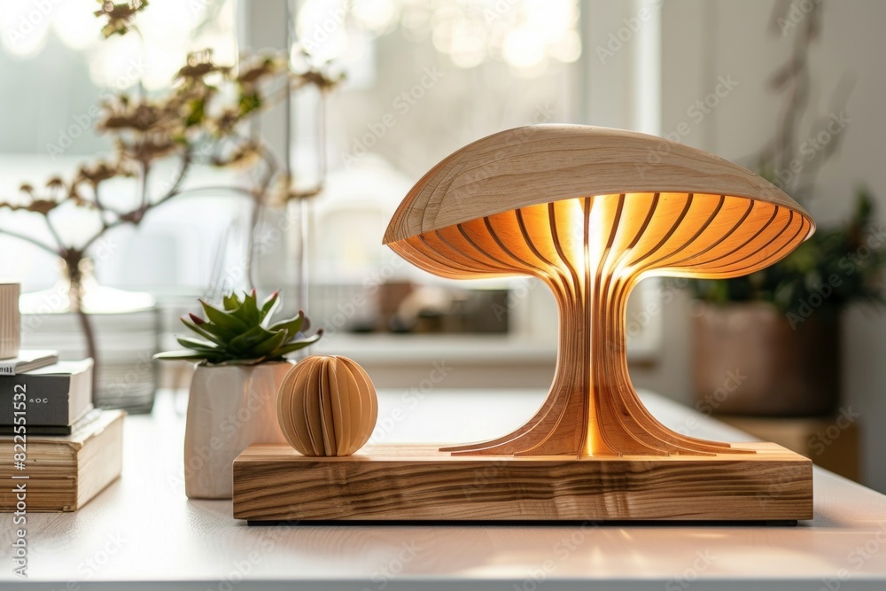 Stylish Wooden Mushroom Lamp Illuminating a Modern Home Office Desk ...