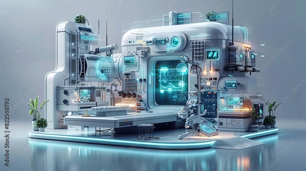Futuristic hospital with advanced medical devices, telehealth stations ...
