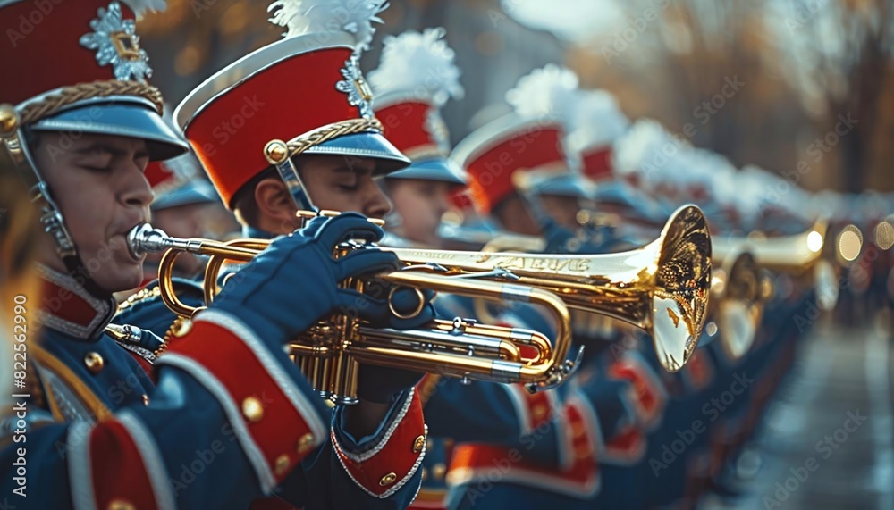 Visualize a high school marching band practicing for a parade or ...