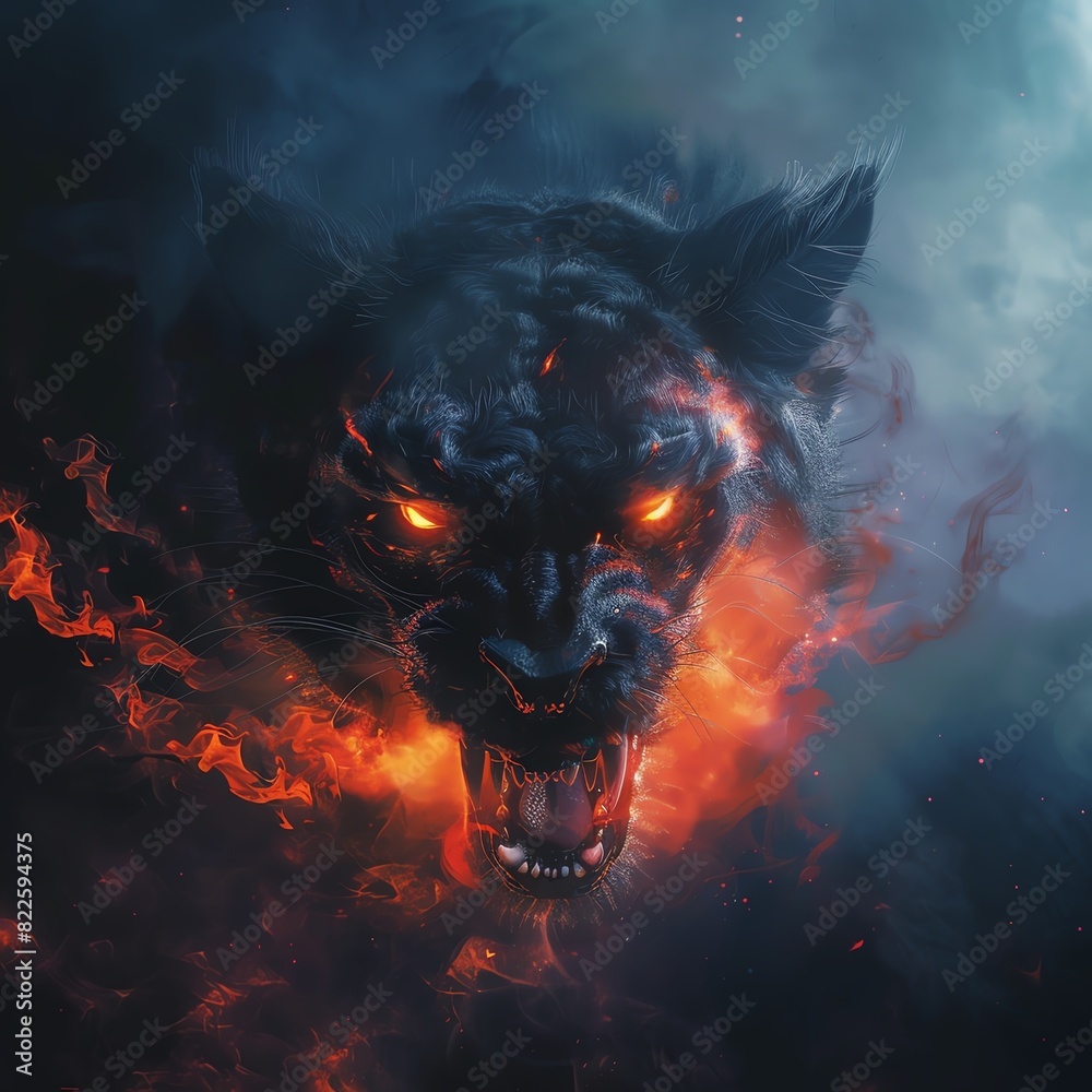 Hellhound Show a Hellhound with fiery eyes and smoke rising from its ...