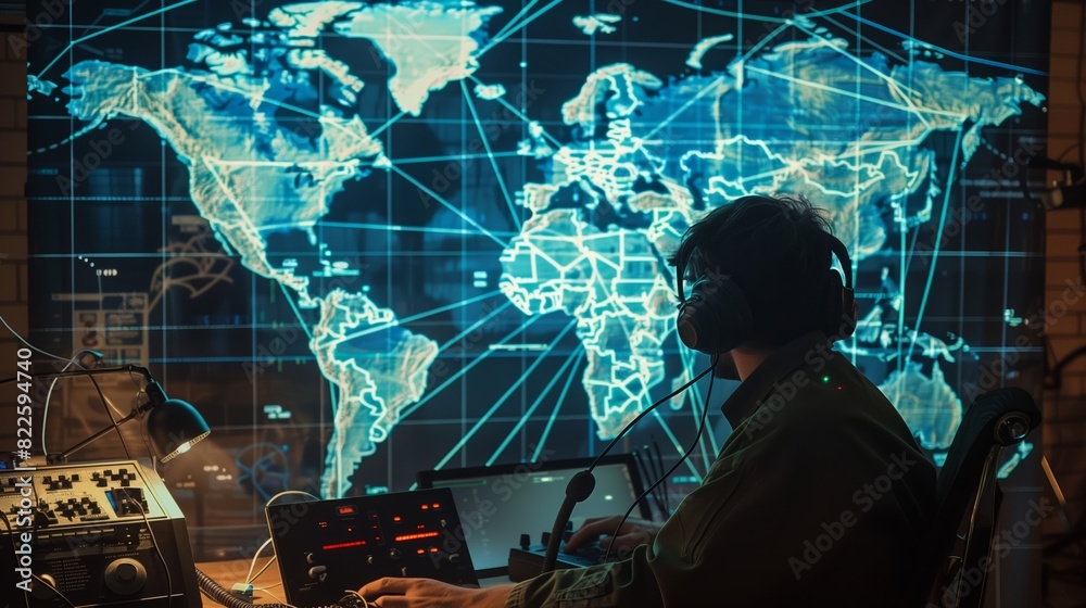 An amateur radio operator connected globally, a map showing their ...