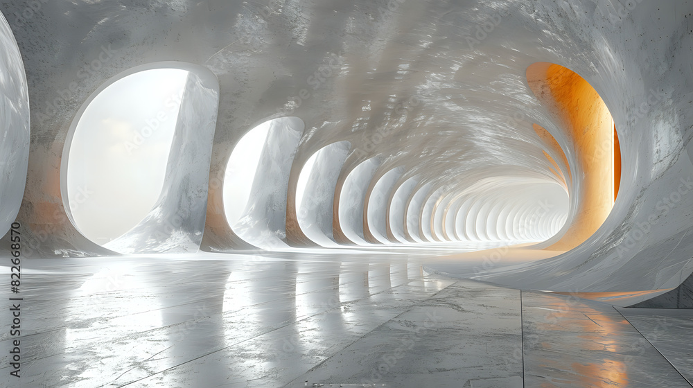 Futuristic architectural tunnel with smooth curves and bright lighting ...
