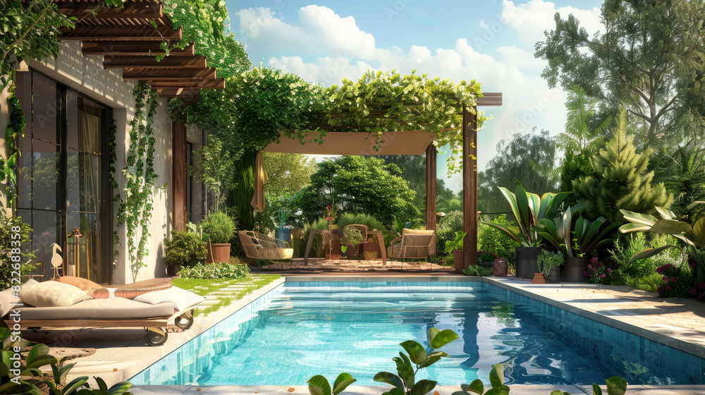 Cozy arbor and pool at villa backyard, pergola at landscaped home ...
