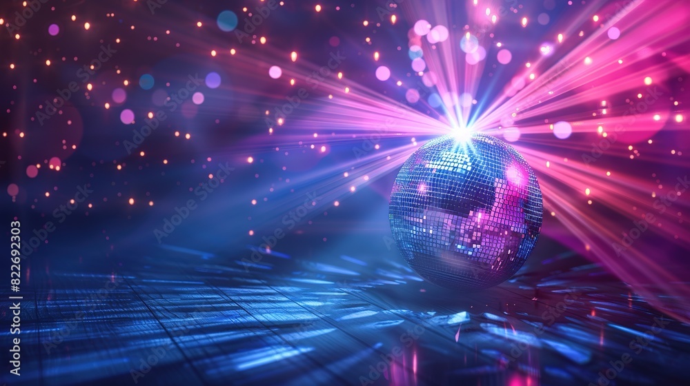 Disco ball with rays on purple background with copy space. Dance party ...
