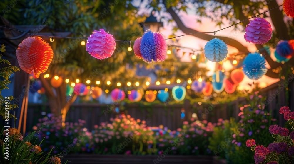 Cartoons of A serene garden party with vibrant decorations, celebrating ...