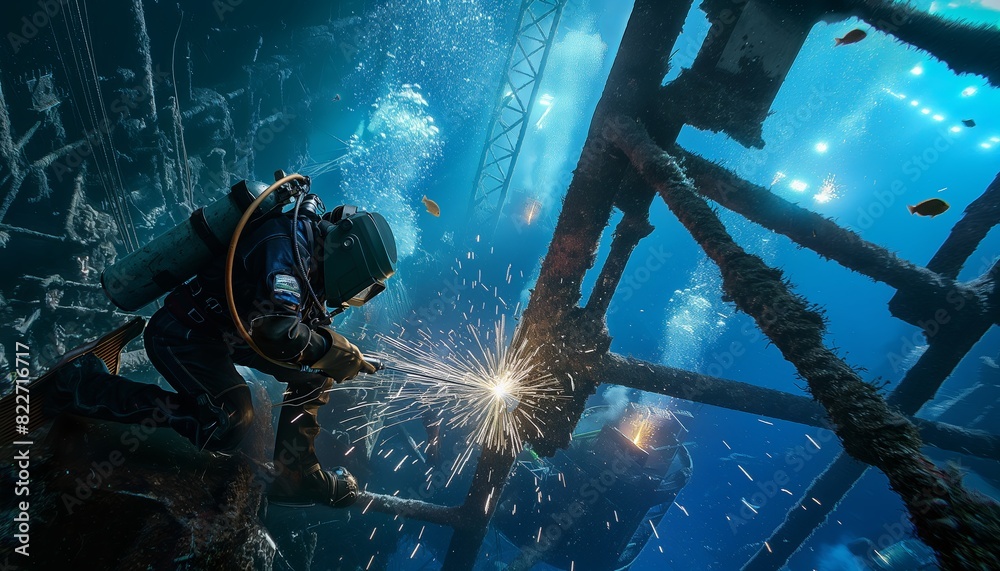an underwater welder wearing scuba gear, welds the mast structure of an ...