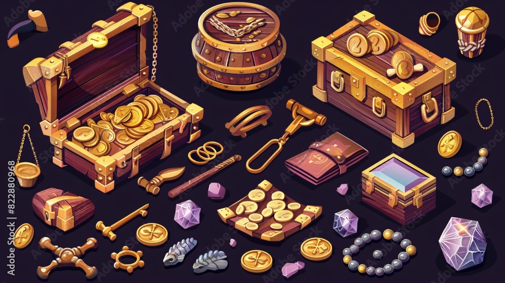A raster illustration of pirate treasure and precious diamonds ...