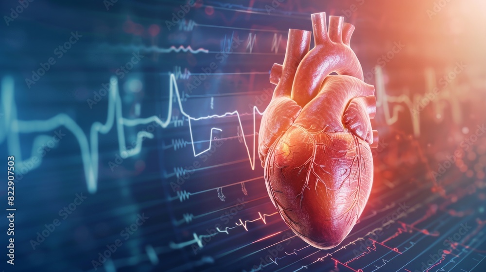 Anatomy of human heart on ecg medical background. 3d render. Cardiology ...