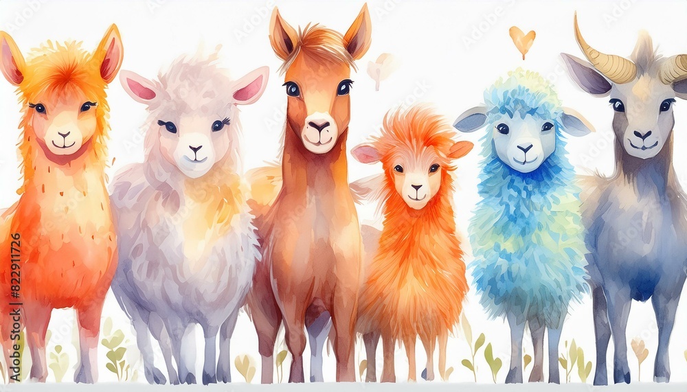Set of watercolor cartoon farm animals - fluffy alpaca, goat, horse ...