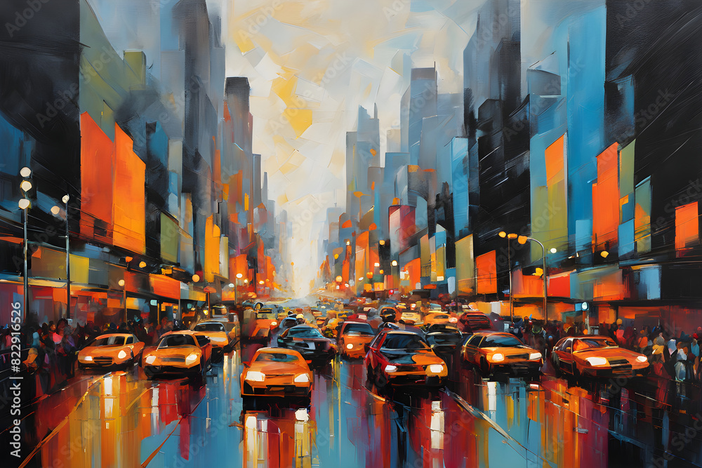 Urban City Life Abstract painting - The Crowd of Yellow Taxi Cabs and ...