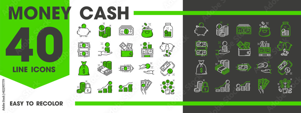 Money cash line icons of finance, banking and payment or savings ...