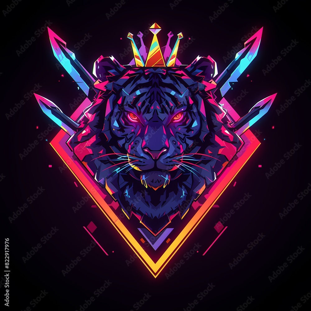 Tiger character mascot illustration wearing crown, vector logo style, e ...