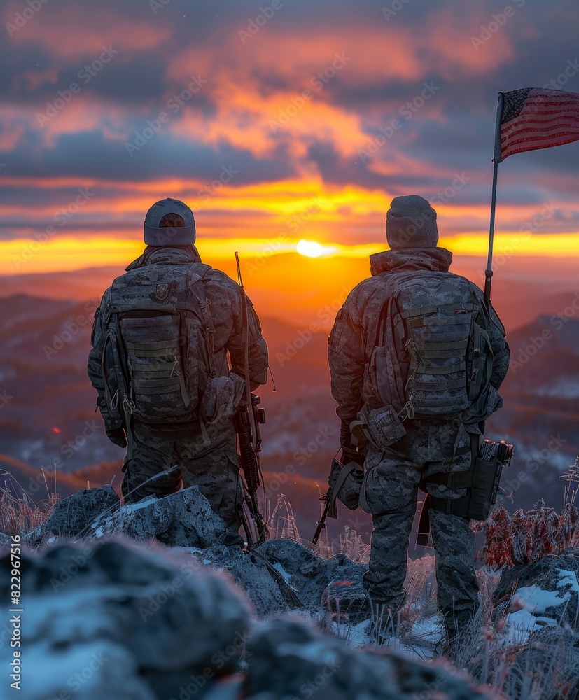 Soldiers and American flag on sunrise background, concept National ...