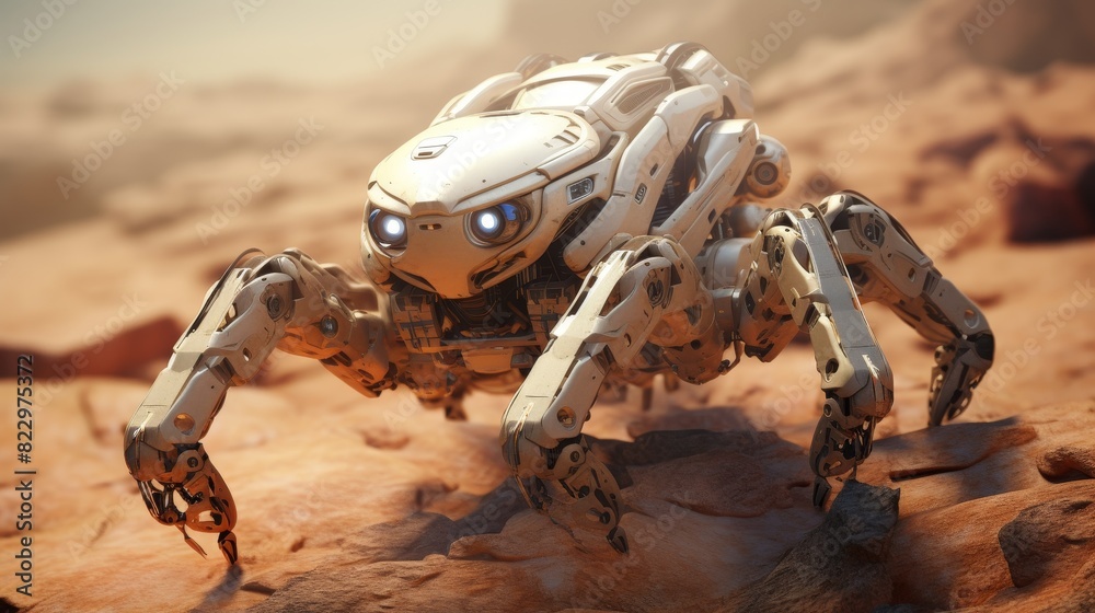 Oneeyed spider robot collecting samples on a rocky Marslike surface ...
