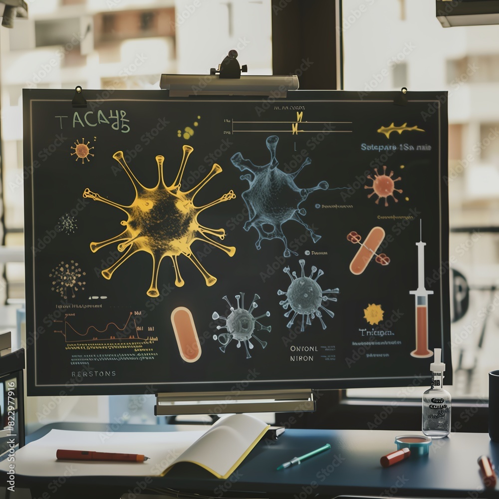 A detailed medical illustration of a virus. The virus is depicted as a ...
