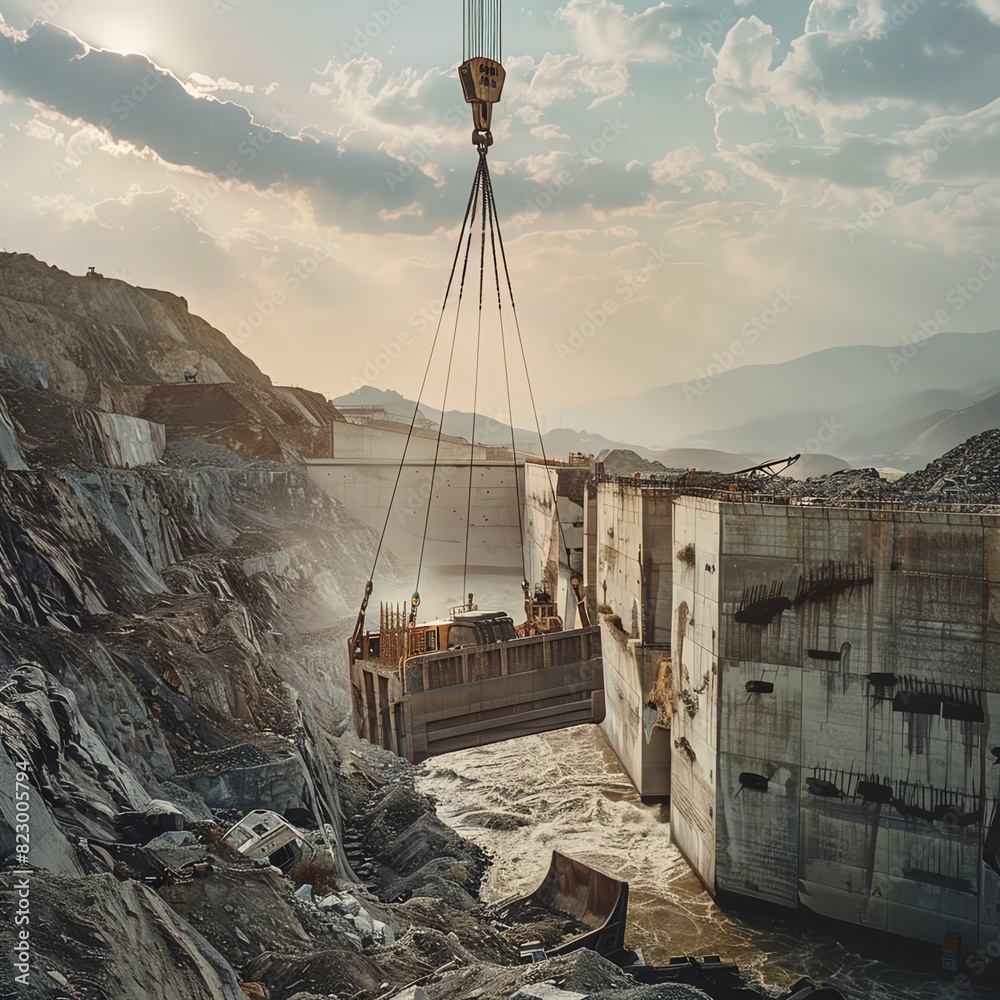 A powerful image of advanced dam construction in progress, showcasing ...