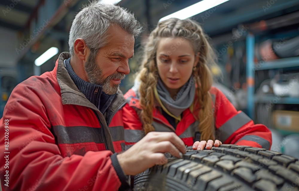 Skilled technician demonstrating an old tire's tread to a female client ...