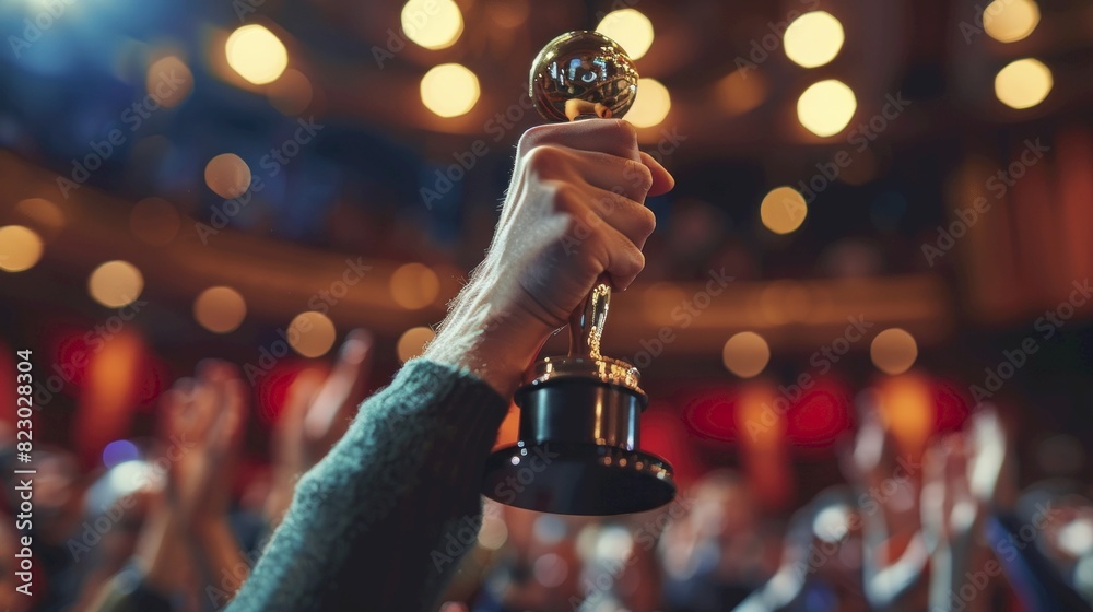 A closeup of a hand holding an award, with a crowd clapping in the ...