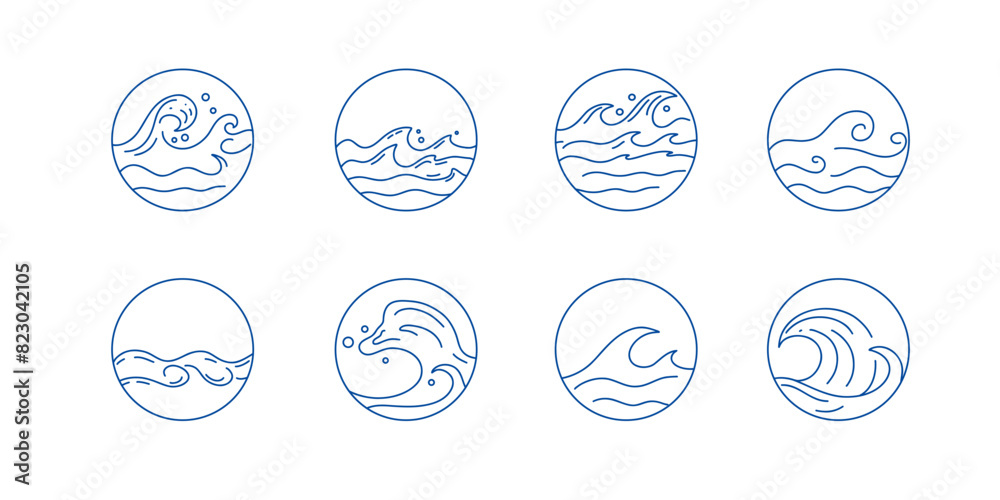 Line waves circle. Outline marine round icons, emblem logo or badge ...
