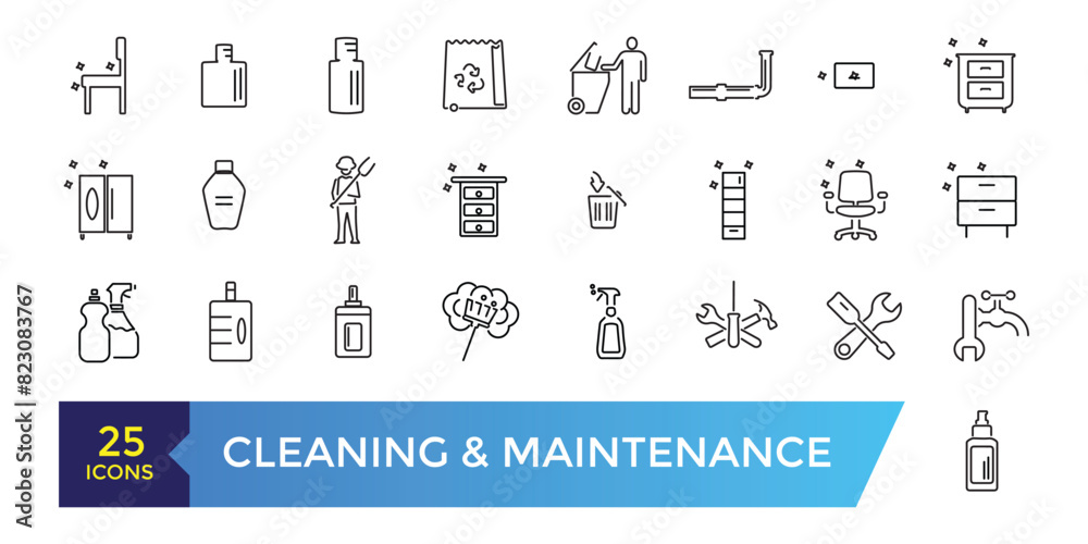 House Cleaning and Maintenance Icons Set. Broom, Dustpan, Vacuum ...