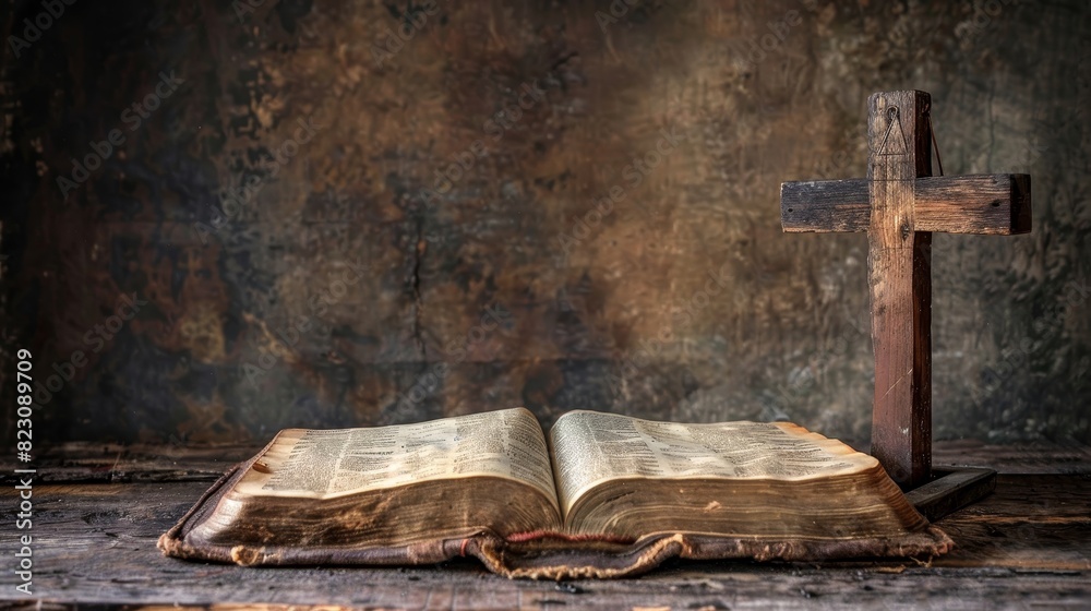 Antique open Bible beside a handcrafted wooden cross on an aged wooden ...