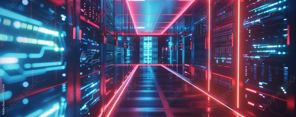 An image of a server room with data forms and processing elements, illustrating the concept of ...