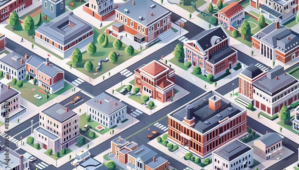 An isometric illustration of a town map, showcasing various buildings ...