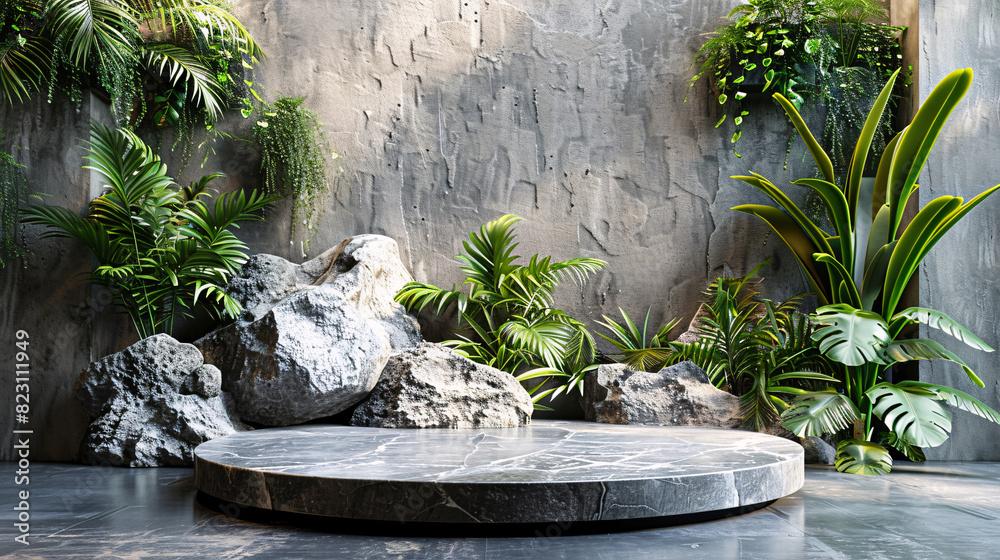Natural backdrop featuring a stone podium and lush foliage, suitable ...