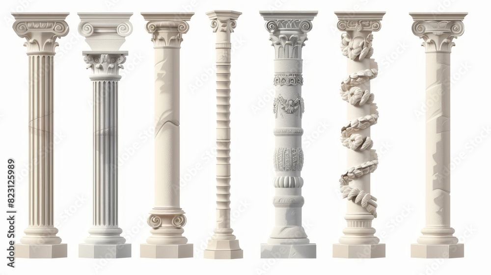 Set of antique pillars isolated on white background. Ancient classic ...
