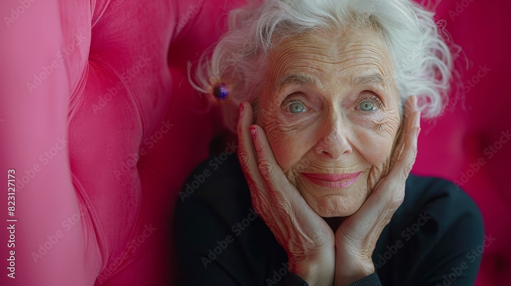 An elderly woman with white hair is laughing joyfully, her hands on her ...