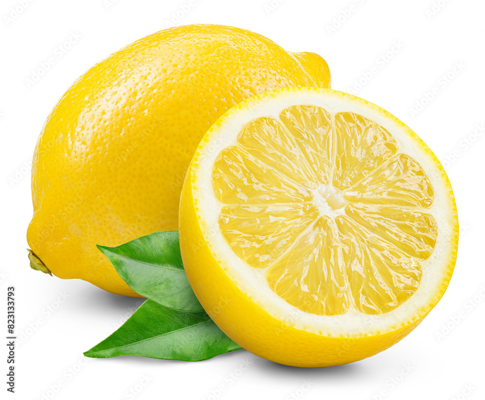 Lemon fruit with leaf isolated png. Lemons half and a whole with leaves ...
