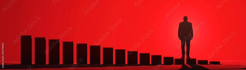 Silhouette of a man standing in front of descending bar charts on a red ...