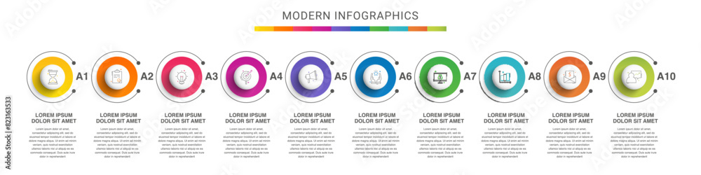 Modern infographics vector template. Cyclic infographic with ten circles. Timeline design ...