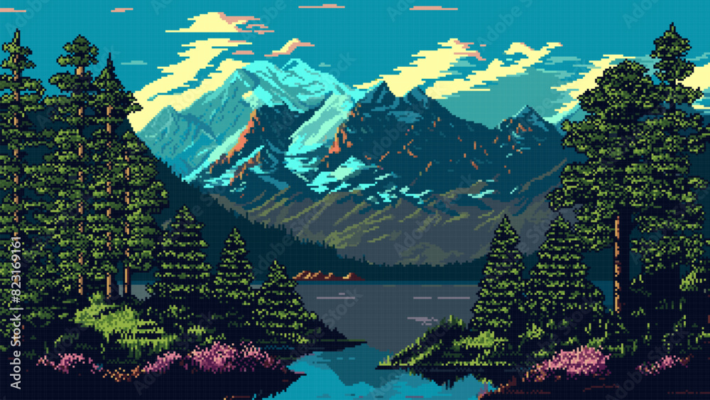 Generative AI. Mountain lake landscape. 8 bit pixel art game scene background, indie pixel game ...