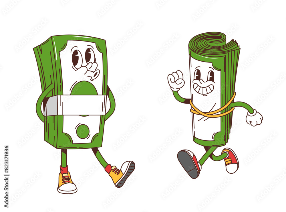 Retro groovy rolled banknotes characters. Vector money bill personages ...