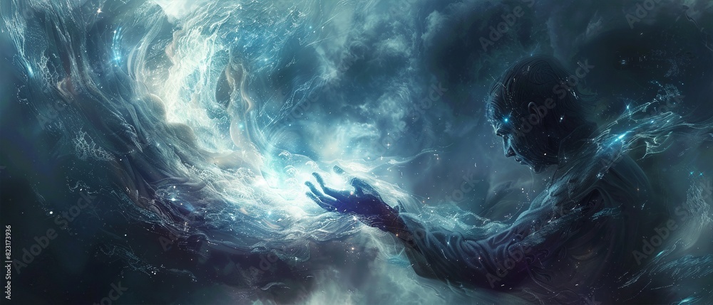 Abstract digital art of a cosmic entity, depicting a mysterious figure ...