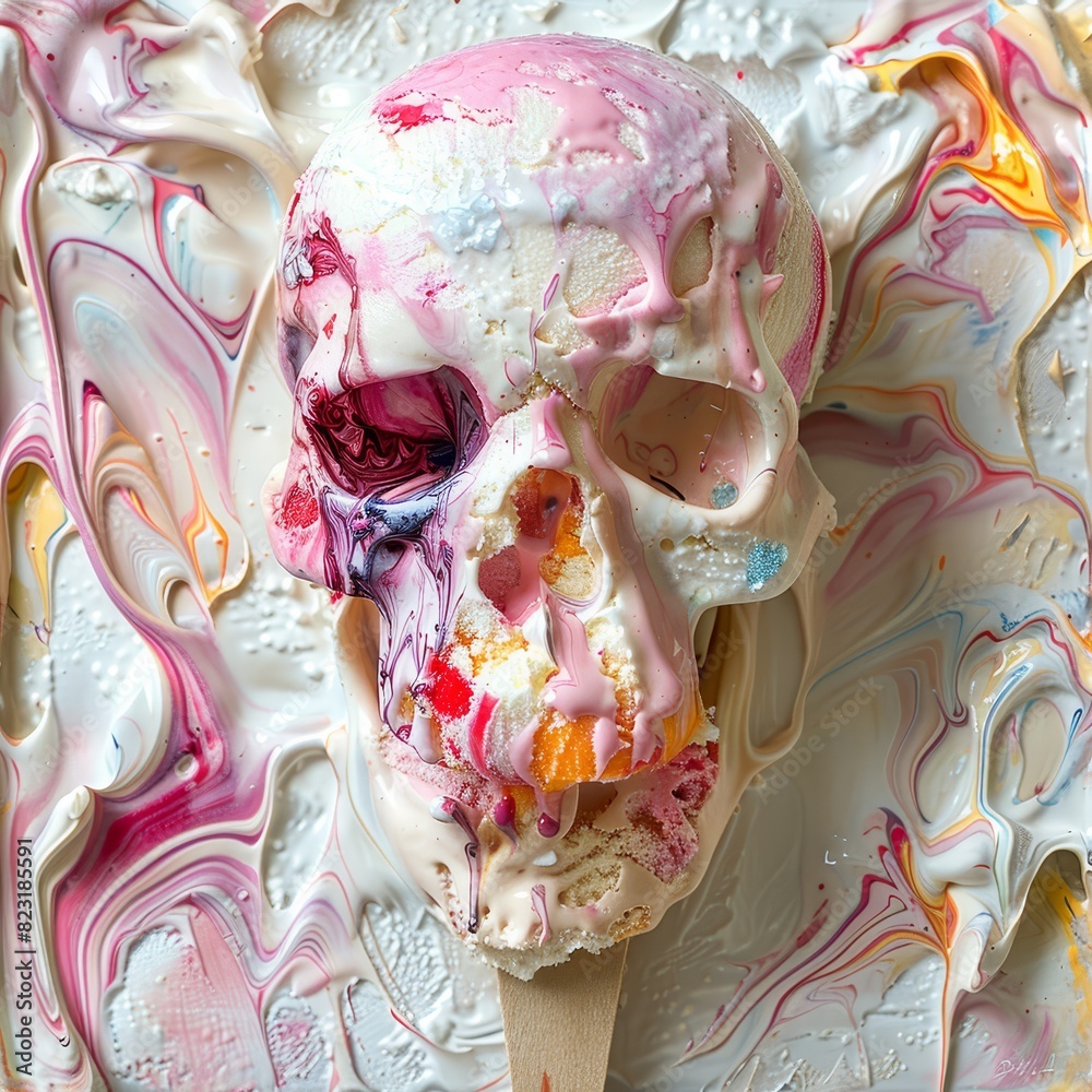 Abstract art of a melting ice cream skull with colorful swirls and ...