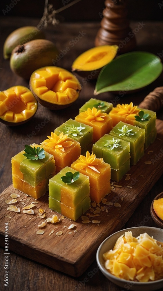 Wooden board stage for array of mango-flavored desserts, all ...