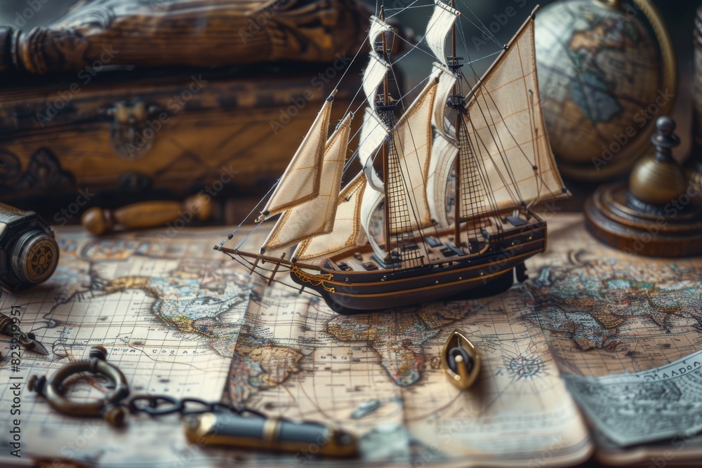 Vintage nautical scene with a model ship, ancient maps, and old ...