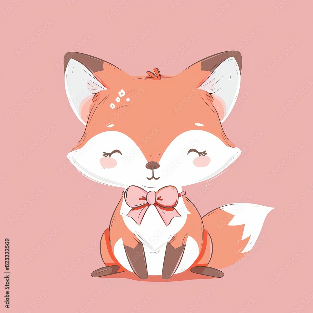 Cute cartoon fox with pink bow sitting on pink background. Adorable ...