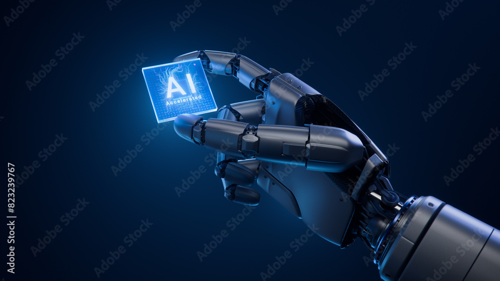 Foto de Stock Metal Hand of Humanoid Robot is Holding at its Fingertips Innovative and Advanced ...