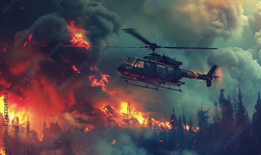 helicopter fighting a forest fire, natural disaster, extinguishing the ...