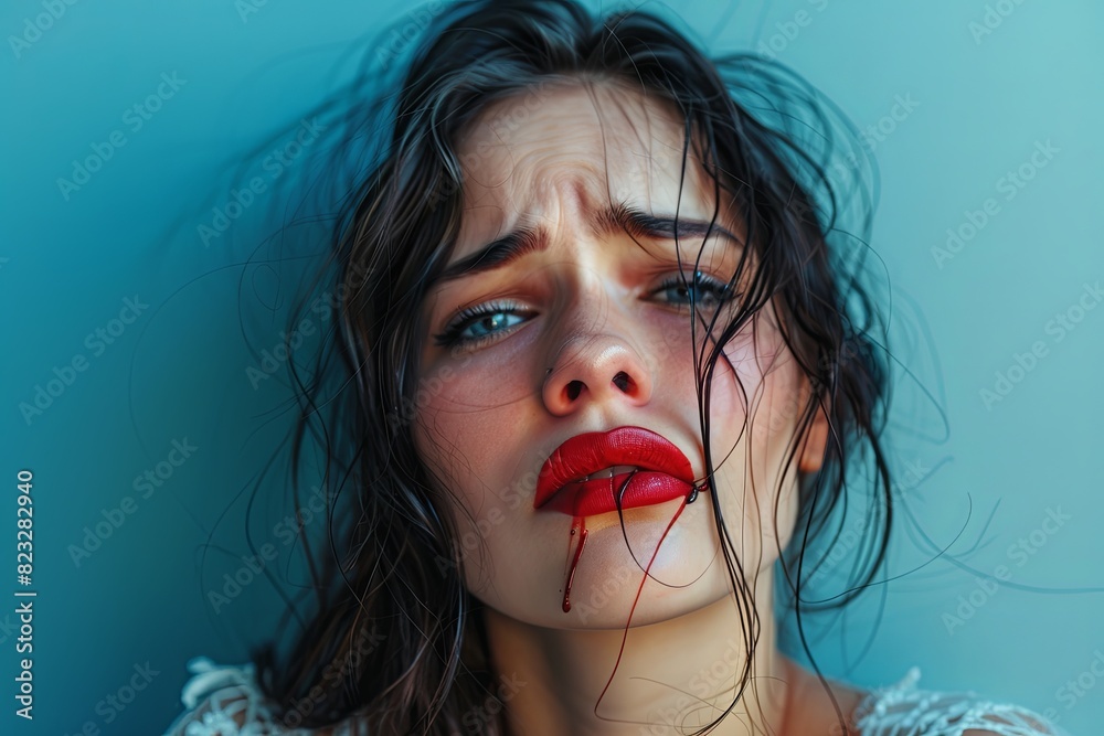 A young woman with tears and red lipstick streaming down her face ...