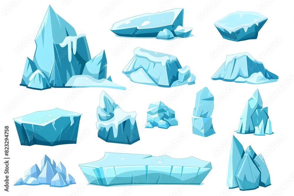 Cartoon Style Floating Icy Glaciers and Icebergs in a Flat Design Stock ...